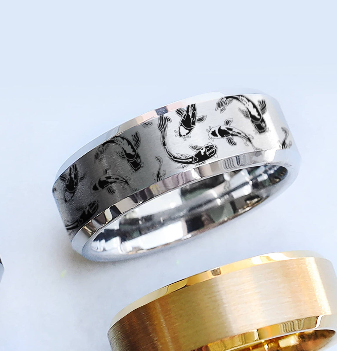 Engraved Black Tungsten Japanese Koi Fish Pattern Wedding Band Ring...