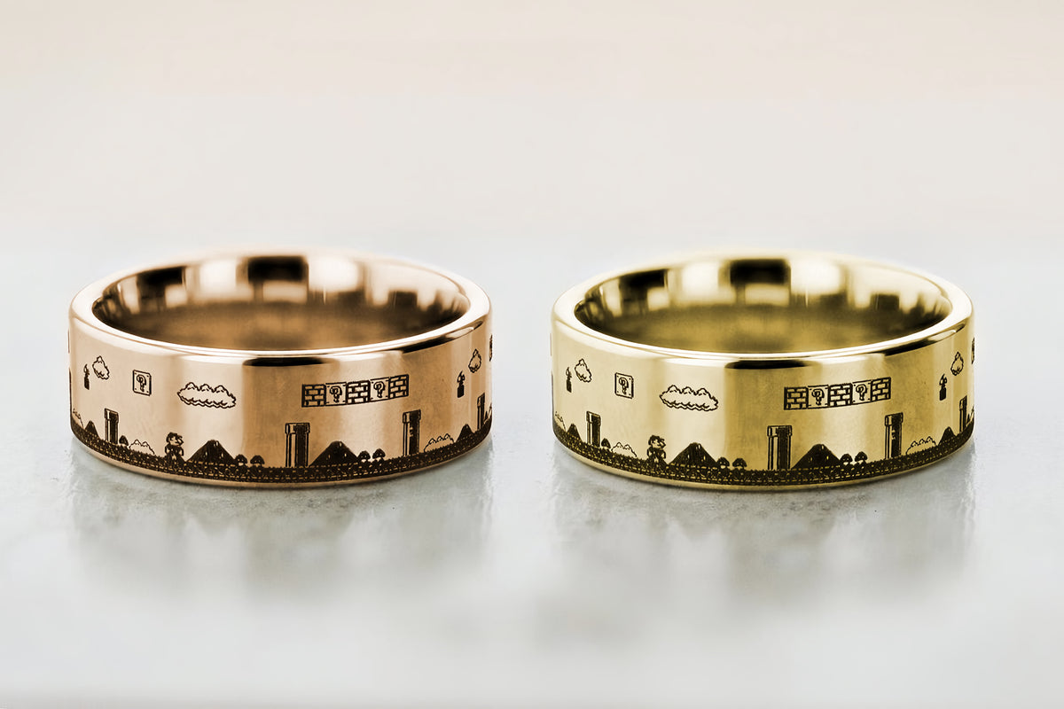 Engraved Super Mario Inspired Ring Pixel Level Game Tungsten Ring