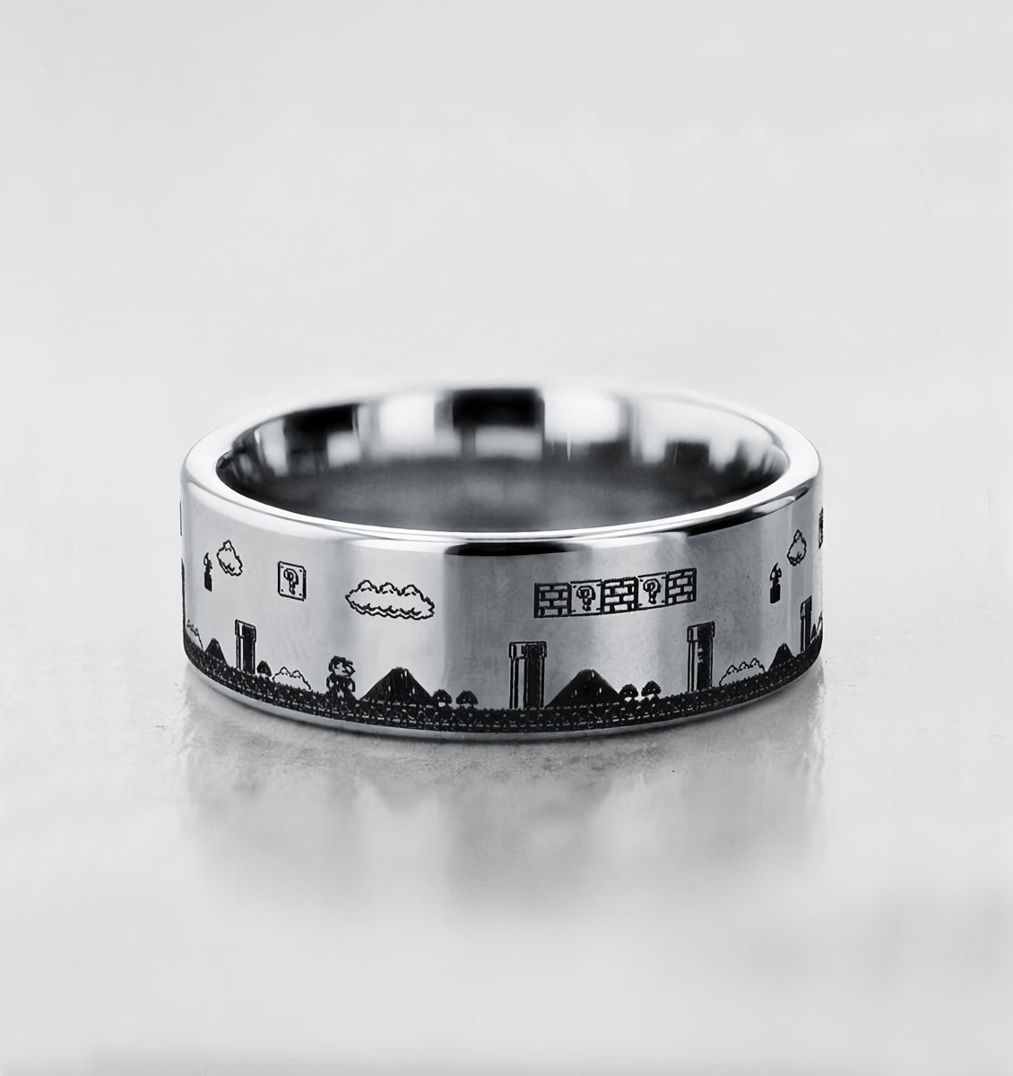 Engraved Super Mario Inspired Ring Pixel Level Game Tungsten Ring