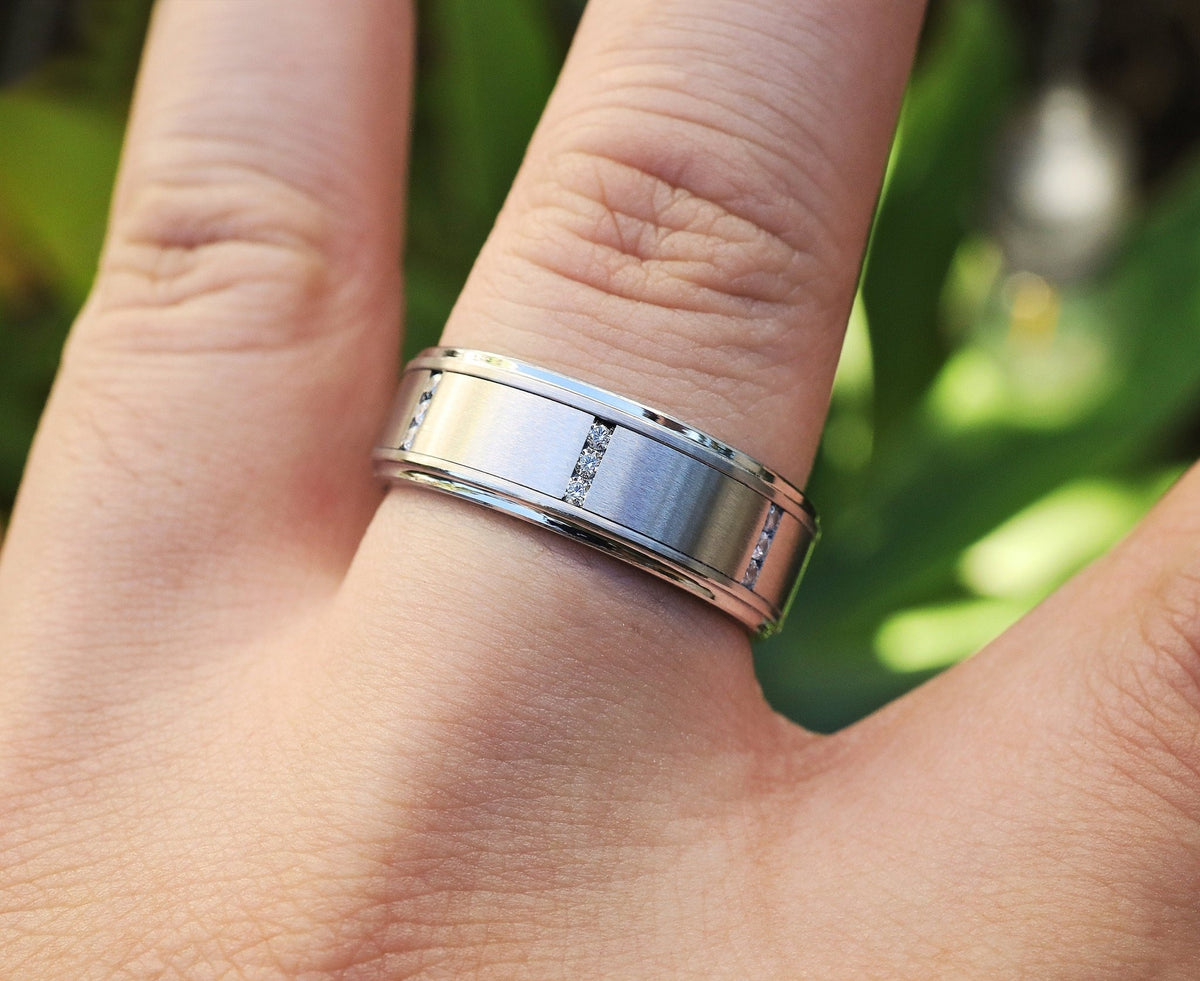 Mens Tungsten Wedding Band Raised Center Brushed Silver Inlay Cente...